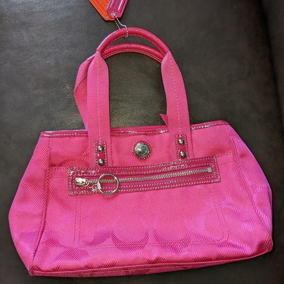 Coach | Bags | Coach Pink Canvas Logo Patent Handbag | Poshmark